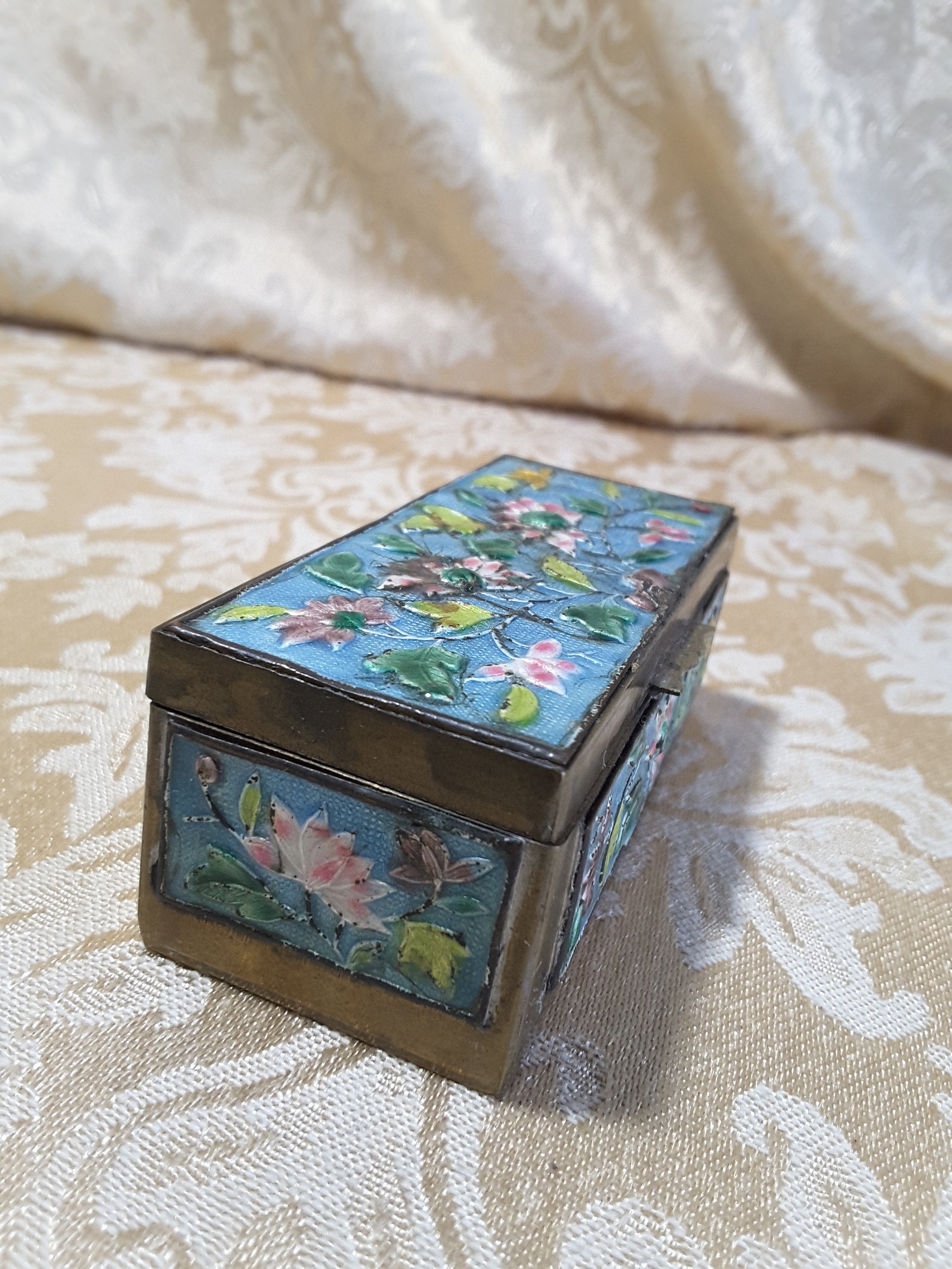 Box Vintage Brass and Enameled Hinged Coffin Style Pin Box - Etsy