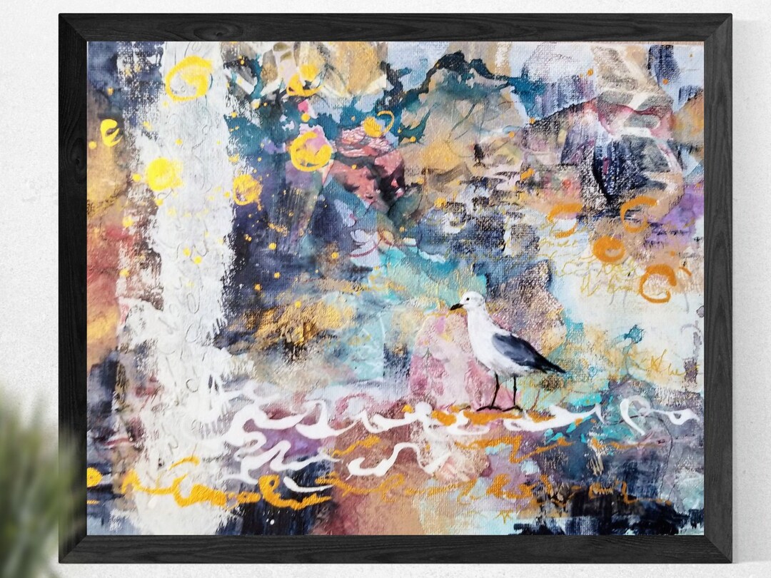 Original Abstract Painting With Seagull, Unframed Mixed Media Painting ...