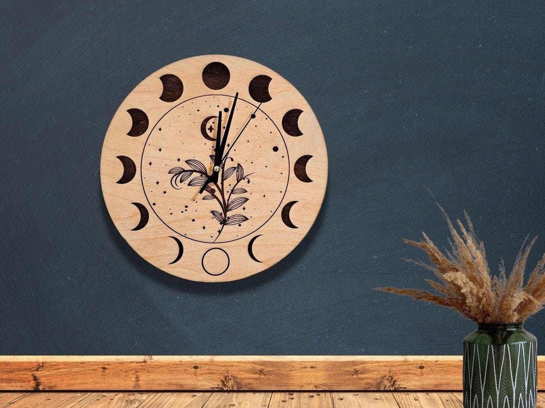 Moon Phases Clock, Moon Clock, Lunar Phase Wall Clock, Wooden Engraved ...