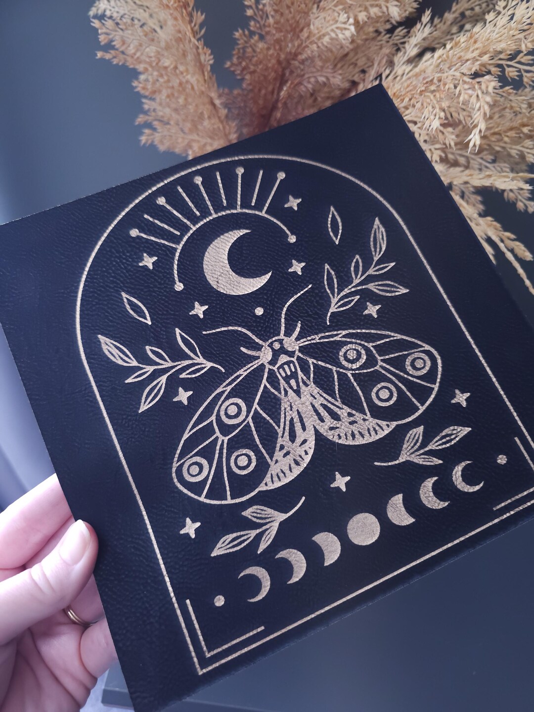 Witch Goblincore Moth Moon Phases Oddity Engraving on Black Leatherette ...