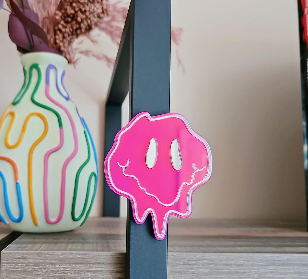 Iridescent Pink Melting Smiley Face Magnet: Holographic Dopamine Decor ...