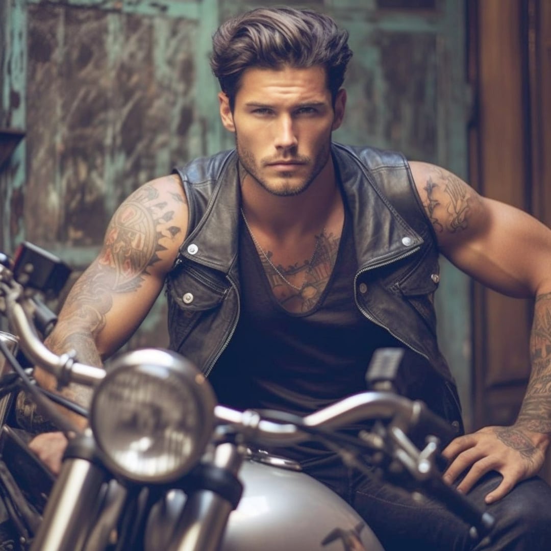 AI Male Model: Bad Boy Biker, Romance Novel Cover Model, AI Photography, Handsome Man Portrait ...