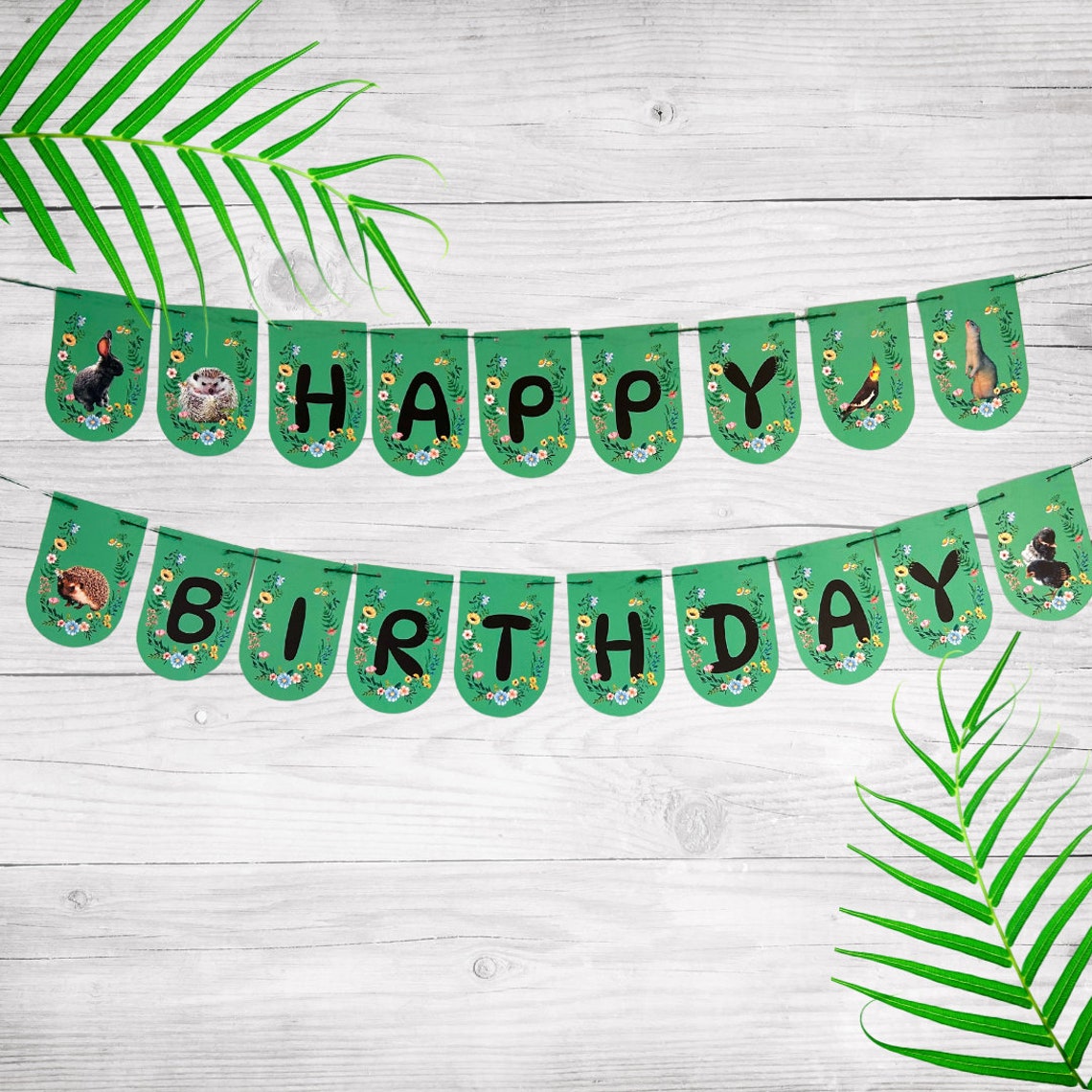 Happy Birthday Banner Party Animals Hedgehog Ferret Rabbit Chicks ...