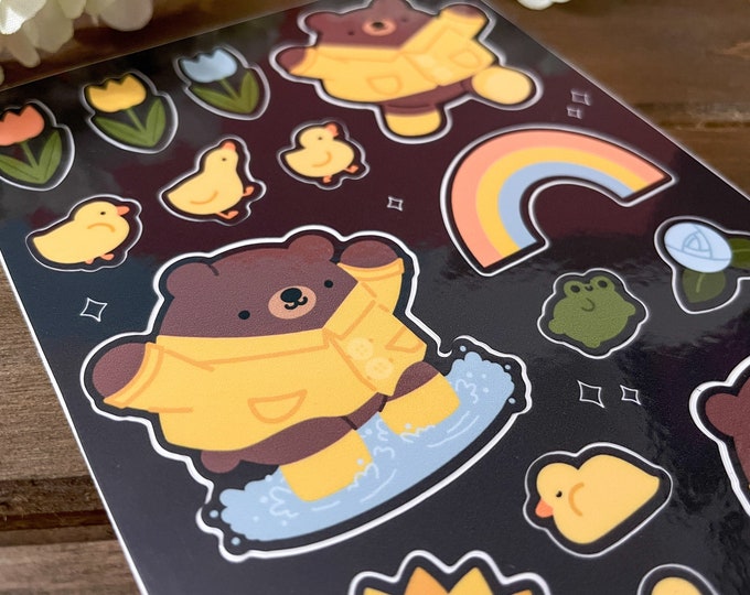 Raincoat Bear Sticker Sheet | Rainshower Sticker Sheet | Rainbow ...