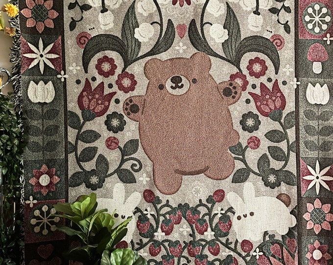Bear Tapestry Woven Blanket | Cotton Blanket | Cottage Core Blanket ...