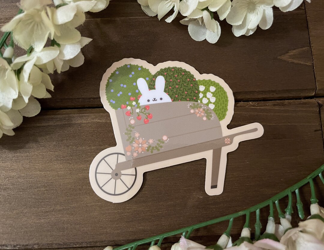 Bunny in Wheelbarrow Vinyl Sticker Cute Bunny Sticker Cottage Core ...