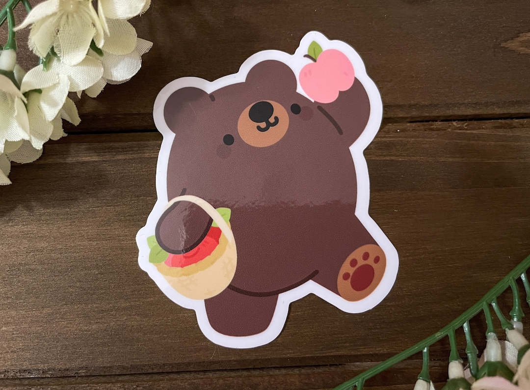 Bear With Apple Vinyl Sticker | Cute Bear Sticker | Cottage Core ...