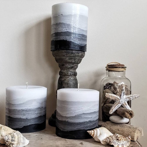 White Gray and Black Decorative Pillar Candle - Etsy