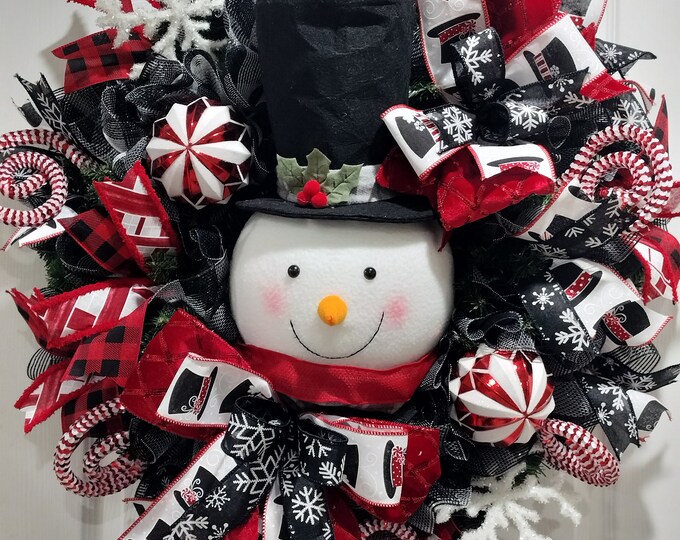 Snowman Wreathsnowman Front Door Wreathwinter Wreathsnow - Etsy
