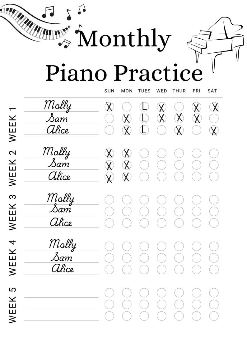 Monthly Piano Practice Chart for up to 3 Students - Etsy