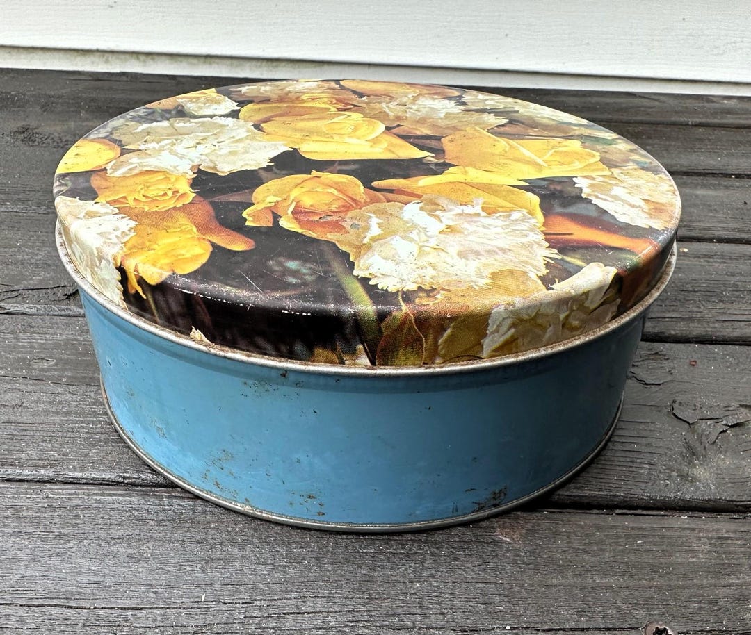 Vintage Floral Tin: Blue Round Storage Container With Lid - Etsy