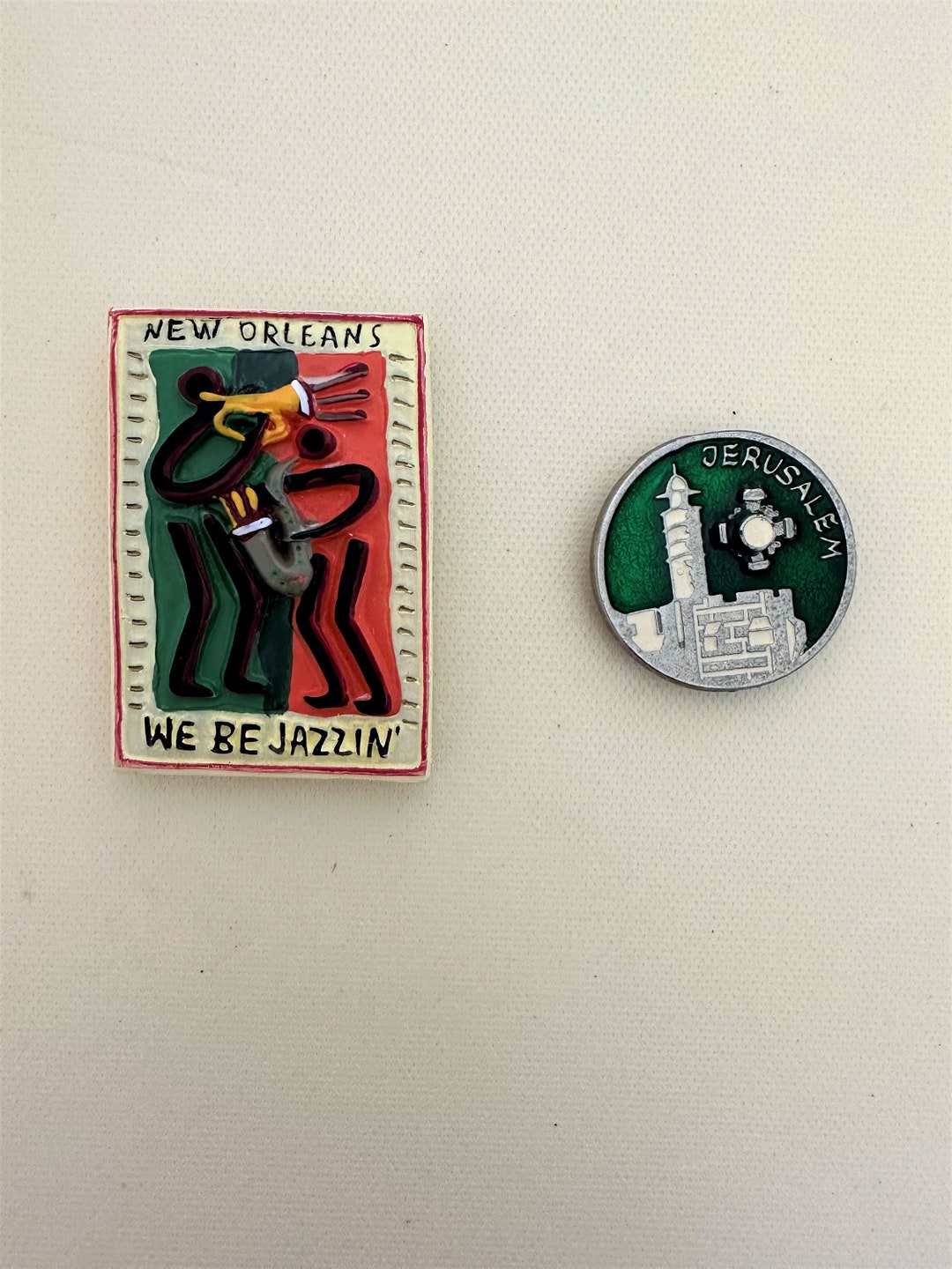 Vintage 1980s Refrigerator Magnets: New Orleans Jazz & Jerusalem Coin ...