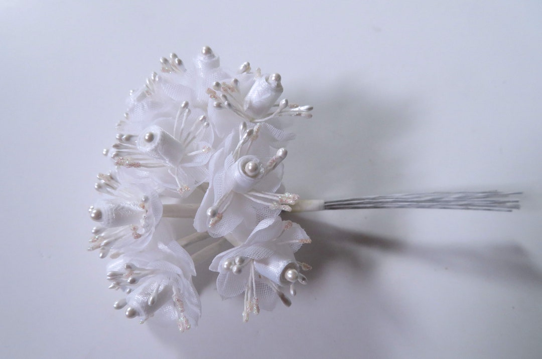 White Color Flowers With White Wrapped Fabric Center Bead With Wire ...