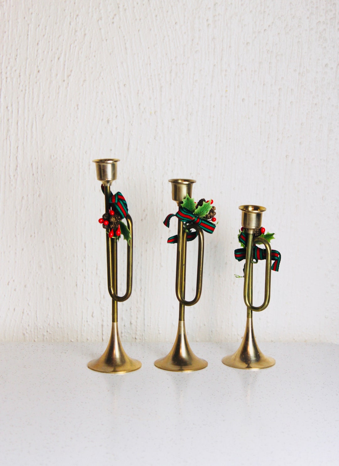 Holiday Bugle Brass Taper Candle Holders/ Set of Three - Etsy
