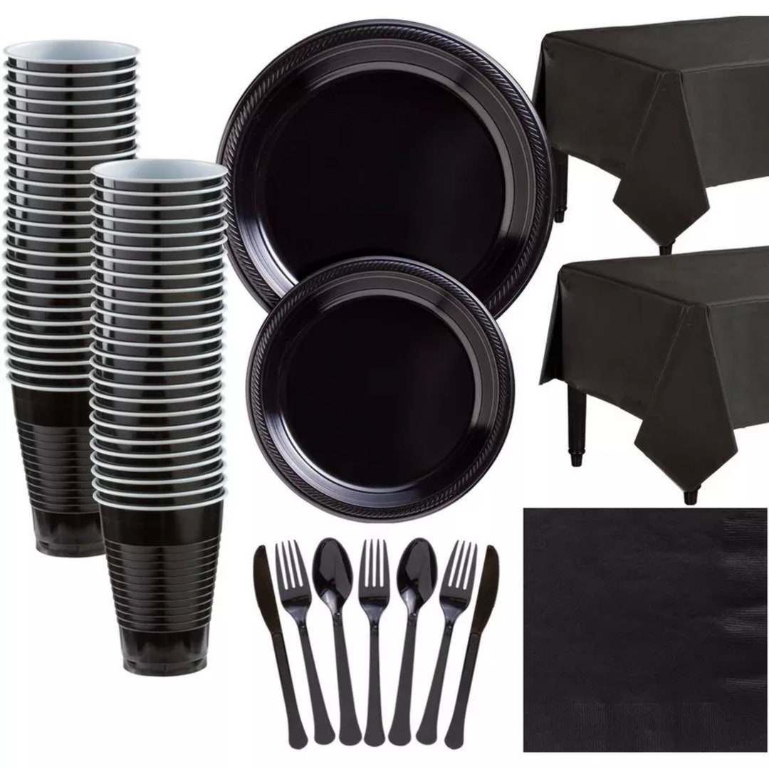 Black Party Tableware Disposable Plastic Plates Cups Napkins Knife ...
