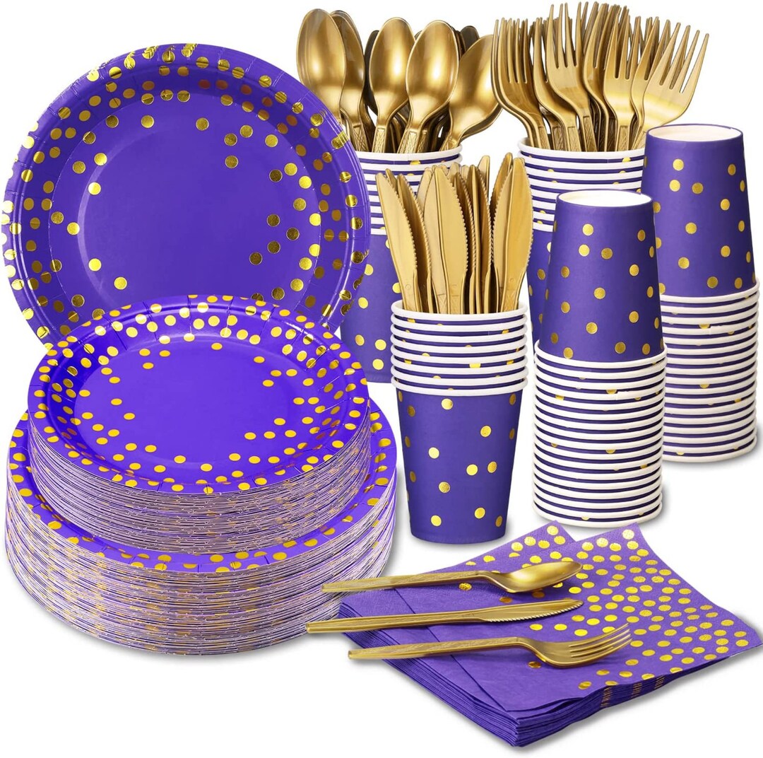 Purple Gold Party Tableware Birthday Supplies Disposable Dinnerware ...