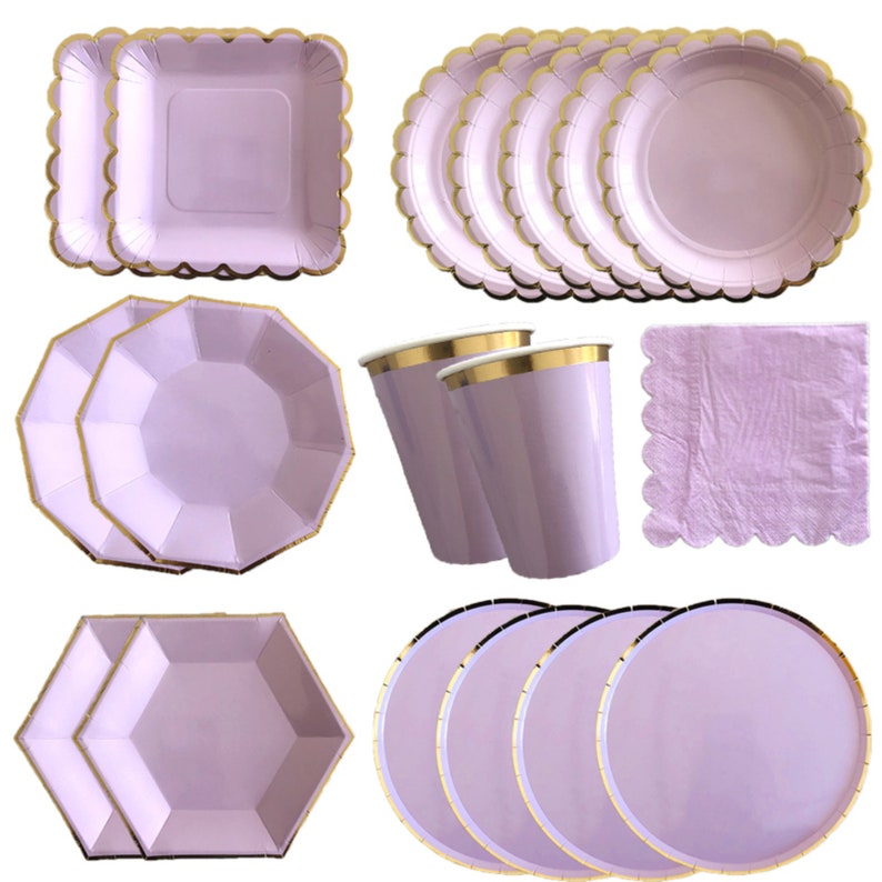 Purple Gold Party Tableware Disposable Paper Plates Cups Napkins ...