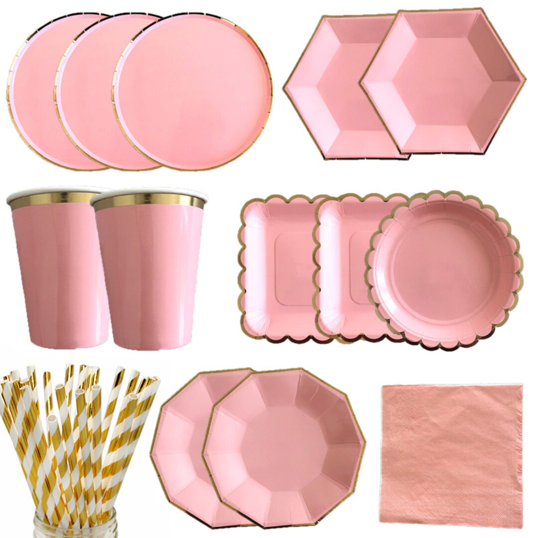 Pink Gold Party Tableware Disposable Paper Plates Cups Napkins Cutlery ...