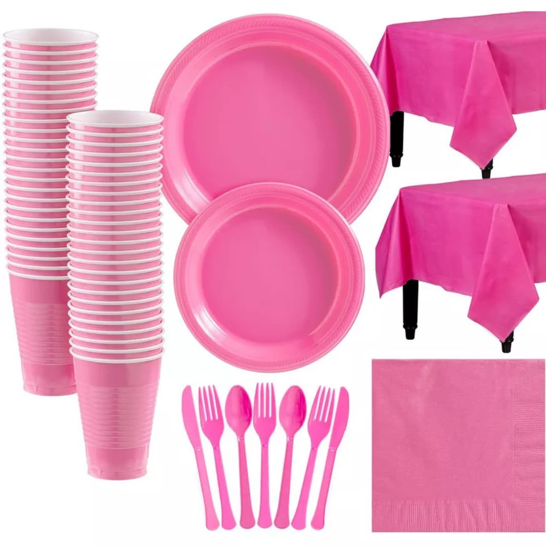 Hot Pink Party Tableware Disposable Plastic Plates Cups Napkins Knife ...