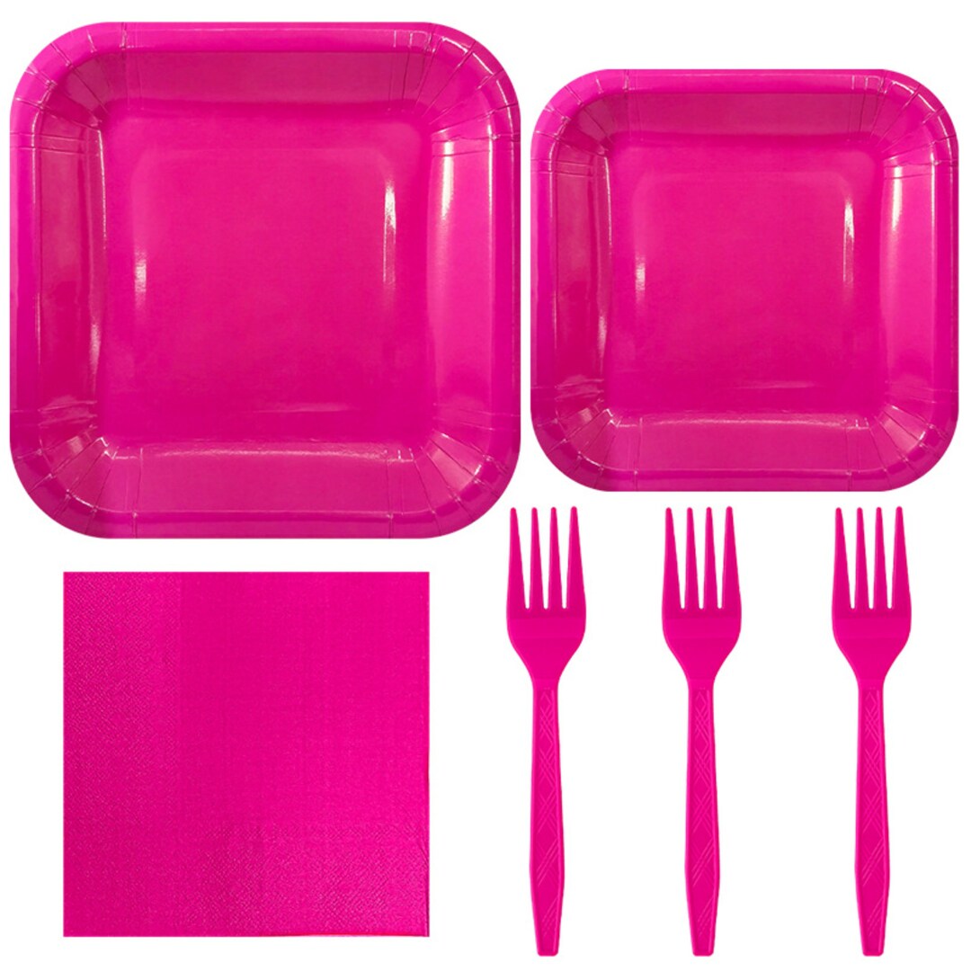 Pink Square Party Tableware Set Disposable Paper Plates Cups Napkins ...