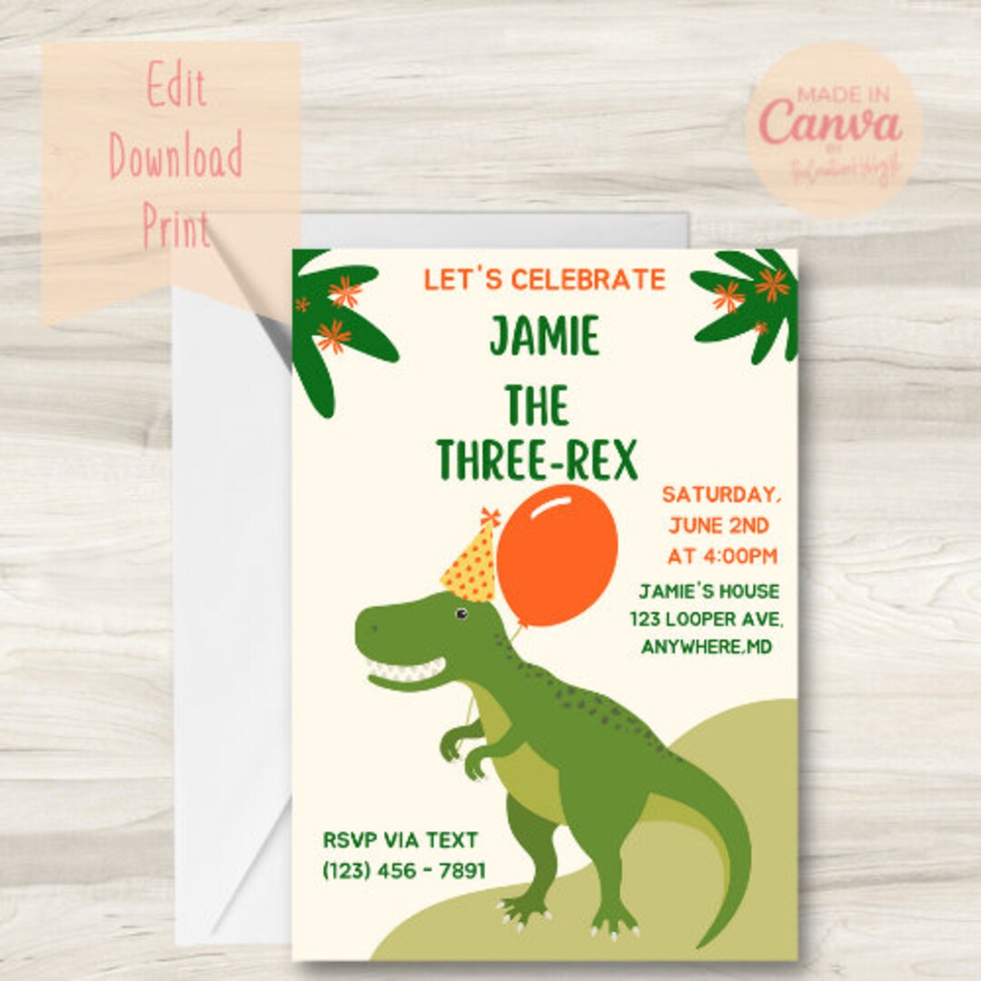 Invitación de cumpleaños de dinosaurio T Rex Three Rex / Invitación ...