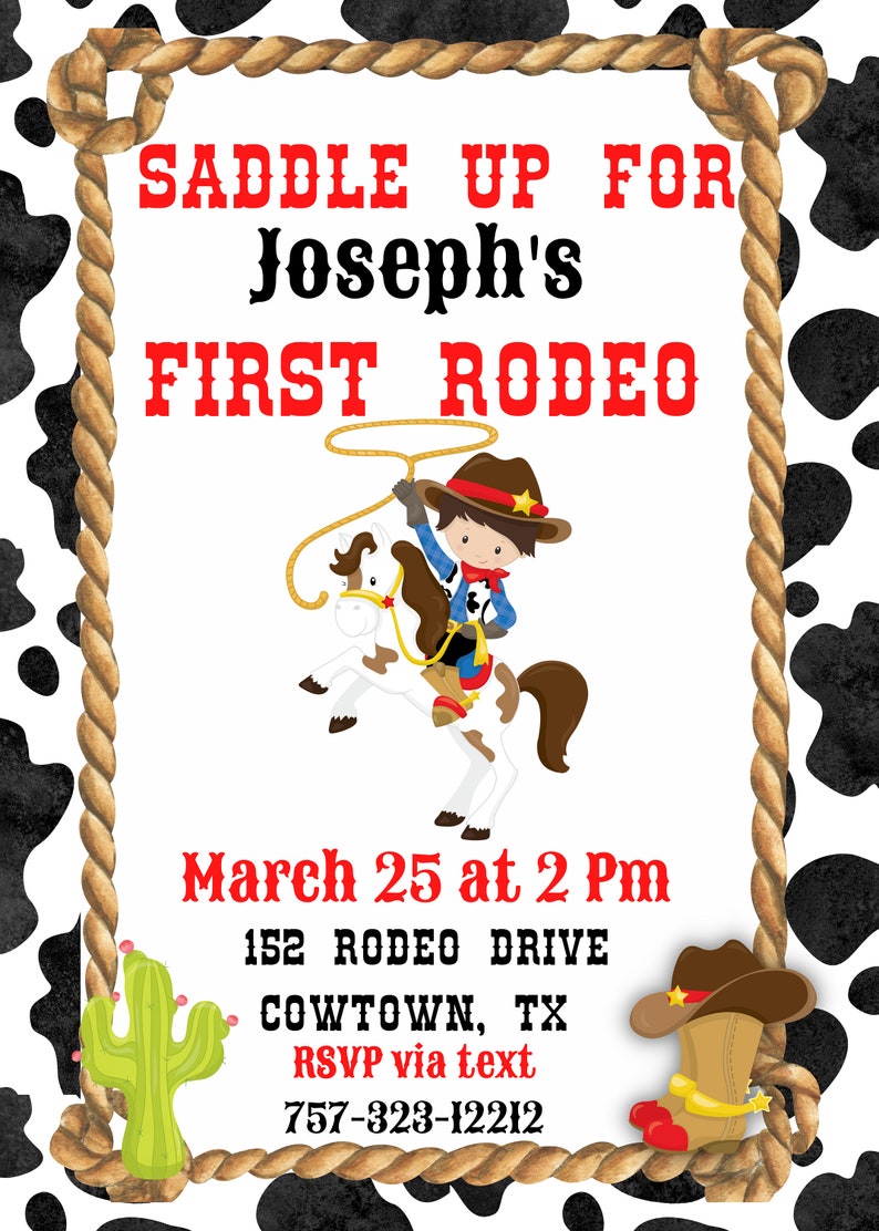 First Rodeo Birthday Invitation Template/ Cowboy Themed Boys Birthday ...