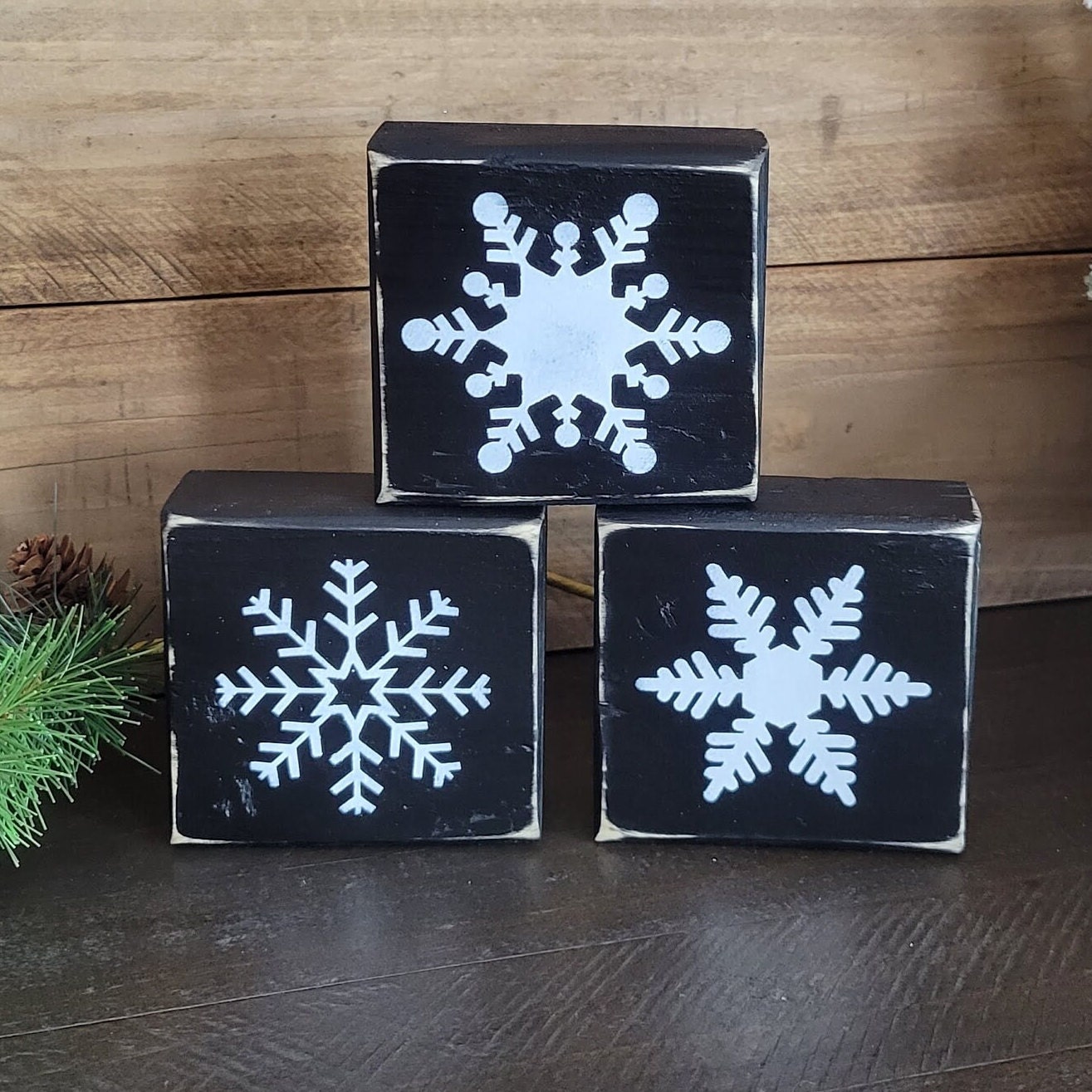 Rustic Wood Block Snowflake Decor / Decorative Block Set / - Etsy