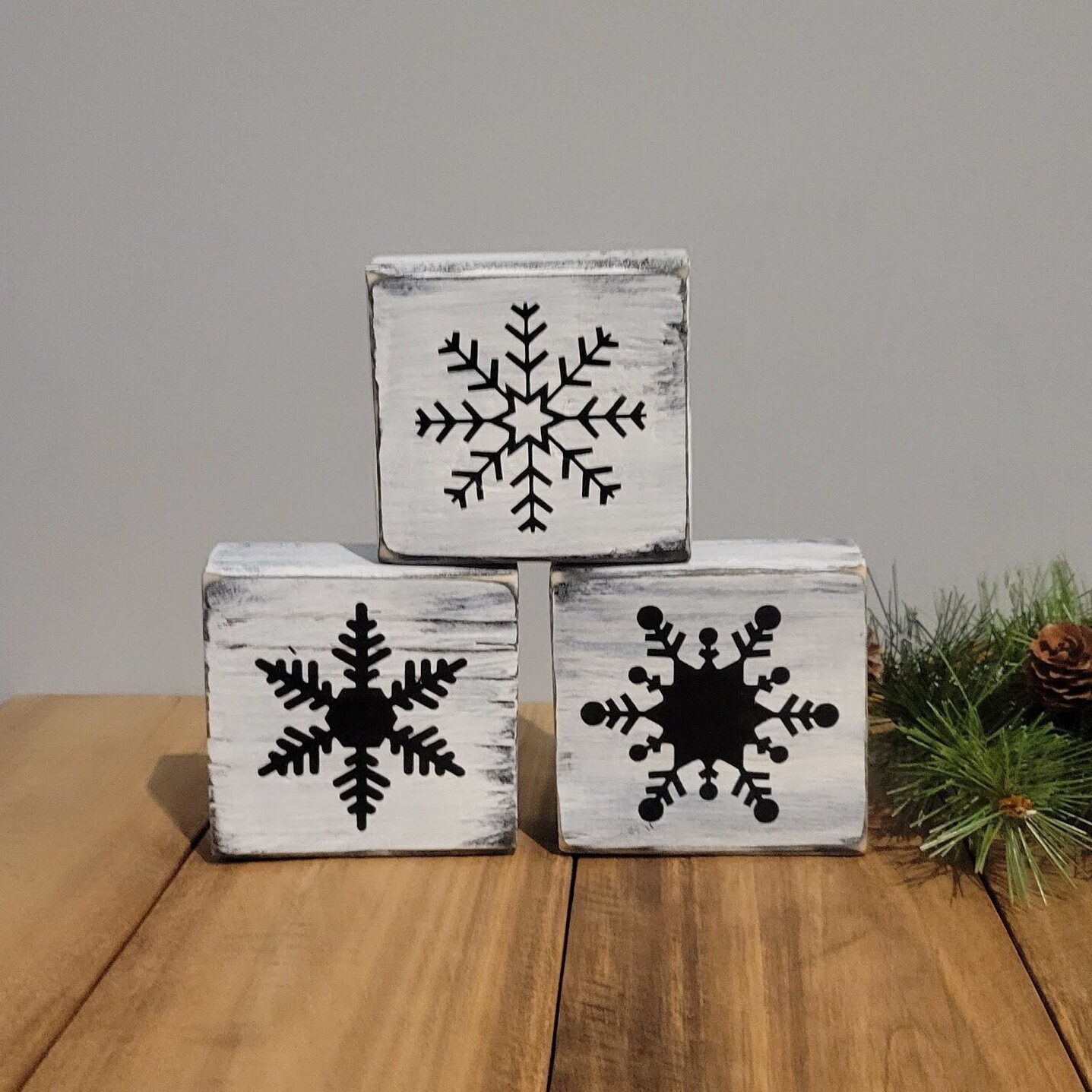 Rustic Wood Block Snowflake Decor / Decorative Block Set / - Etsy