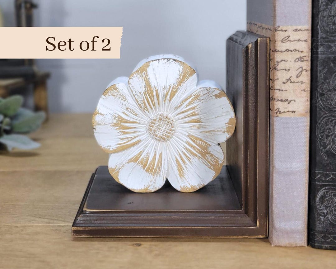 Distressed Flower Bookends: Vintage Farmhouse Decor, Pine Wood (set of ...