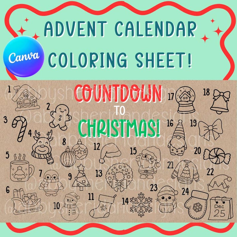 Christmas Advent Calendar Coloring Banner, Kids Holiday Craft (digital ...