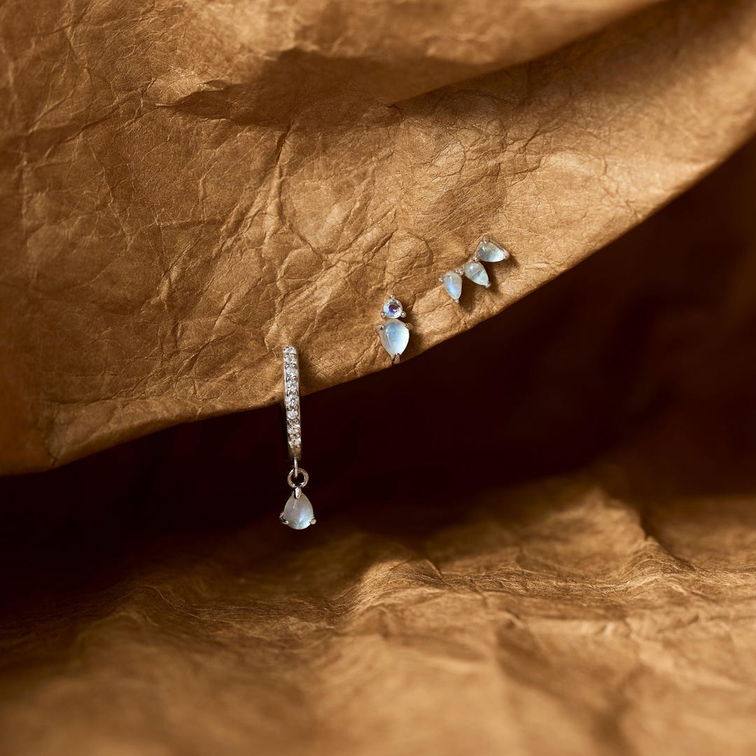 Natural Moonstone Flat Back Earrings Set: Sterling Silver, Piercing ...