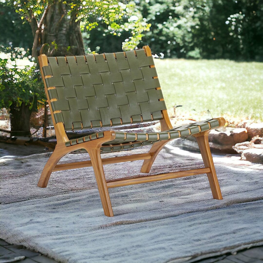 Handcrafted Leather Chair, Olive Green Leather Chair, Braided Leather ...