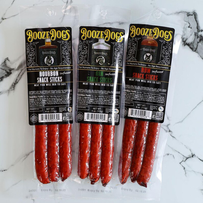 Gourmet Snack Sized Liquor Infused Pork Snack Sticks - Bourbon Gin Rum ...