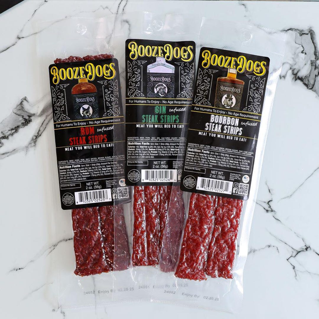 Gourmet Snack Sized Liquor Infused Beef Pork Jerky Strips - Bourbon Gin ...
