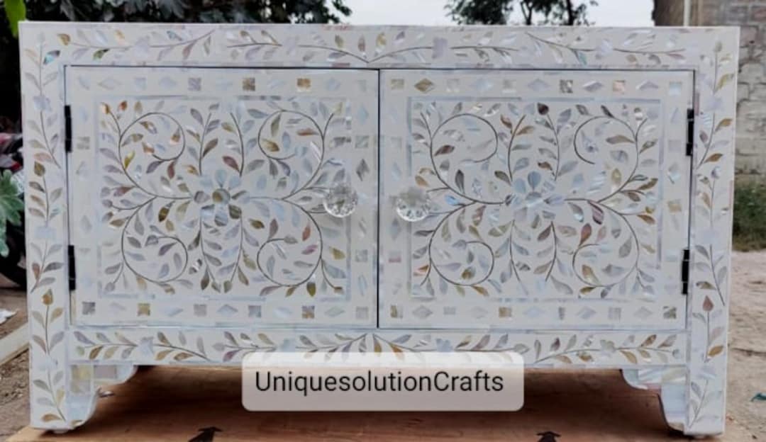Handmade Mother of Pearl Inlay Cabinet Sideboard Floral White, Mother ...