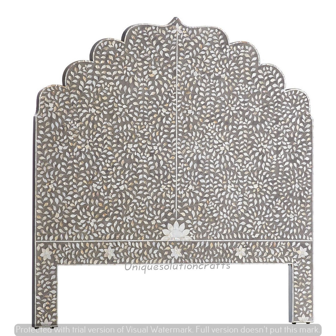 Mother of Pearl Inlay Grey Floral Pattern Bed Headboard , Handmade King ...