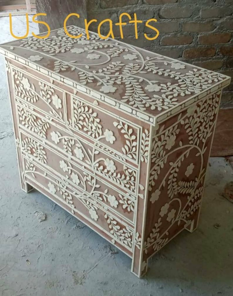 Bone Inlay Wooden Modern Floral Design Chest of Drawers Table Baby Pink ...