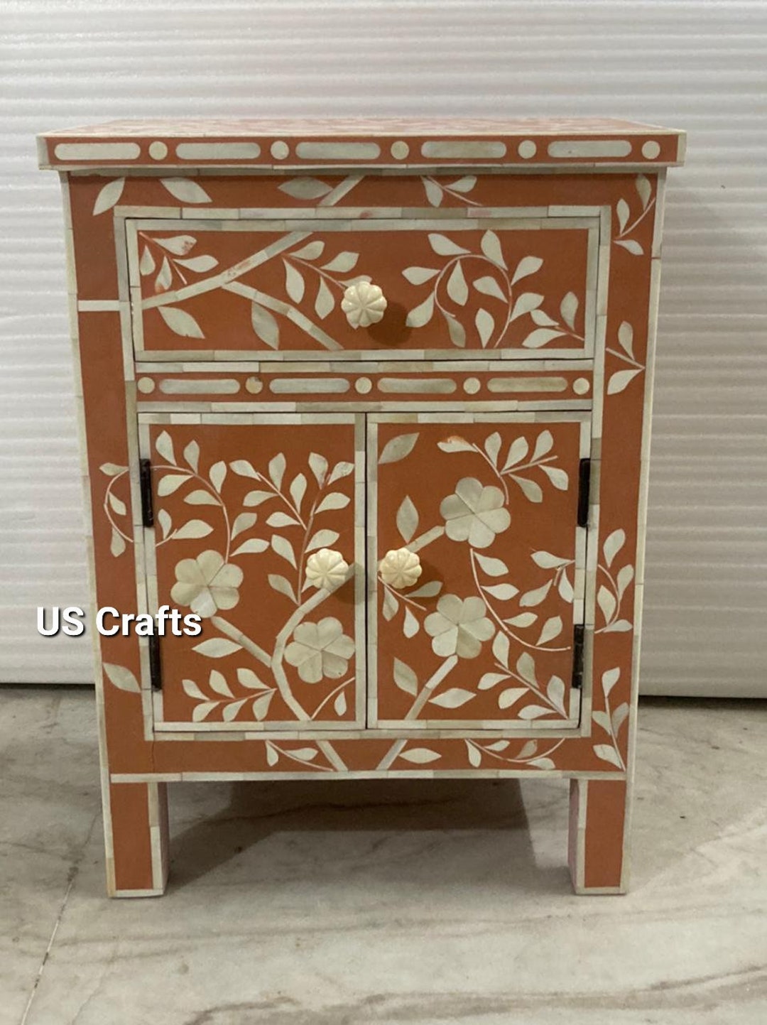 Bone Inlay Wooden Modern Floral Pattern Bedside Table Baby Pink, Bone ...