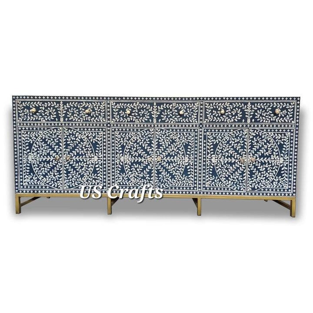 Bone Inlay 3 Drawers and 6 Doors Console Cabinet Floral Leaf in Navy ...