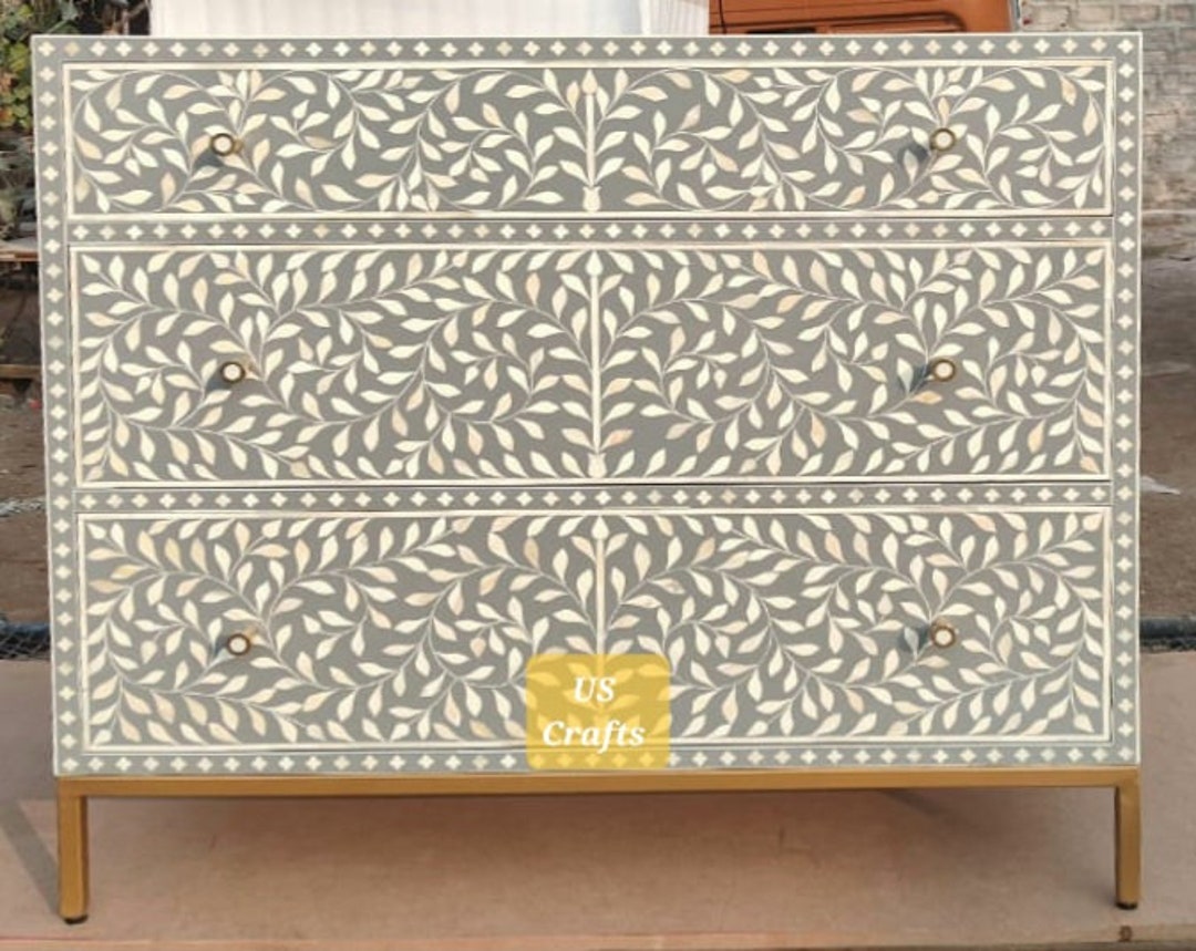 Bone Inlay Floral Design Chest of 3 Drawers Grey, Bone Inlay Floral ...