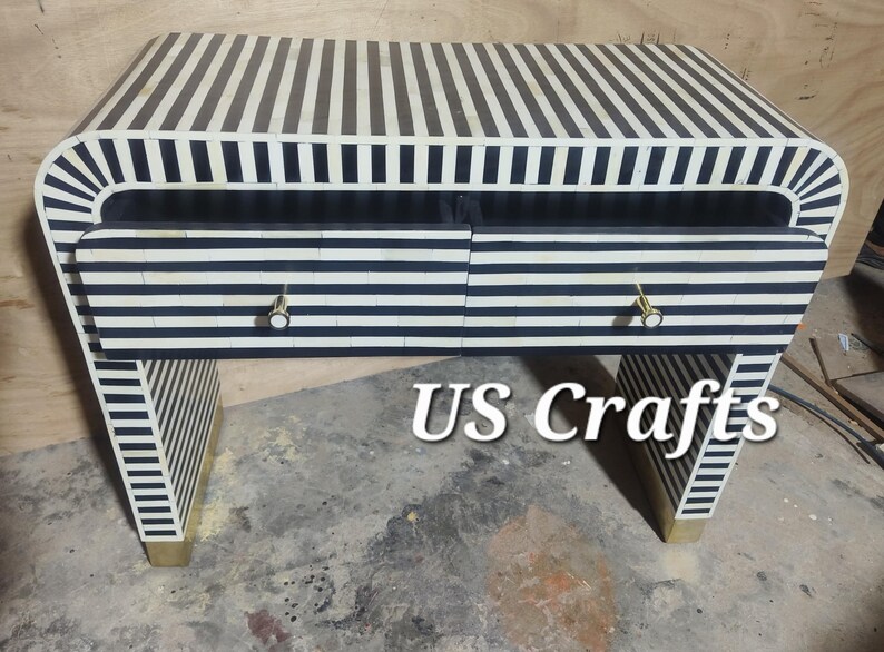 Bone Inlay Waterfall Console Table With 2 Drawers Black , Bone Inlay ...