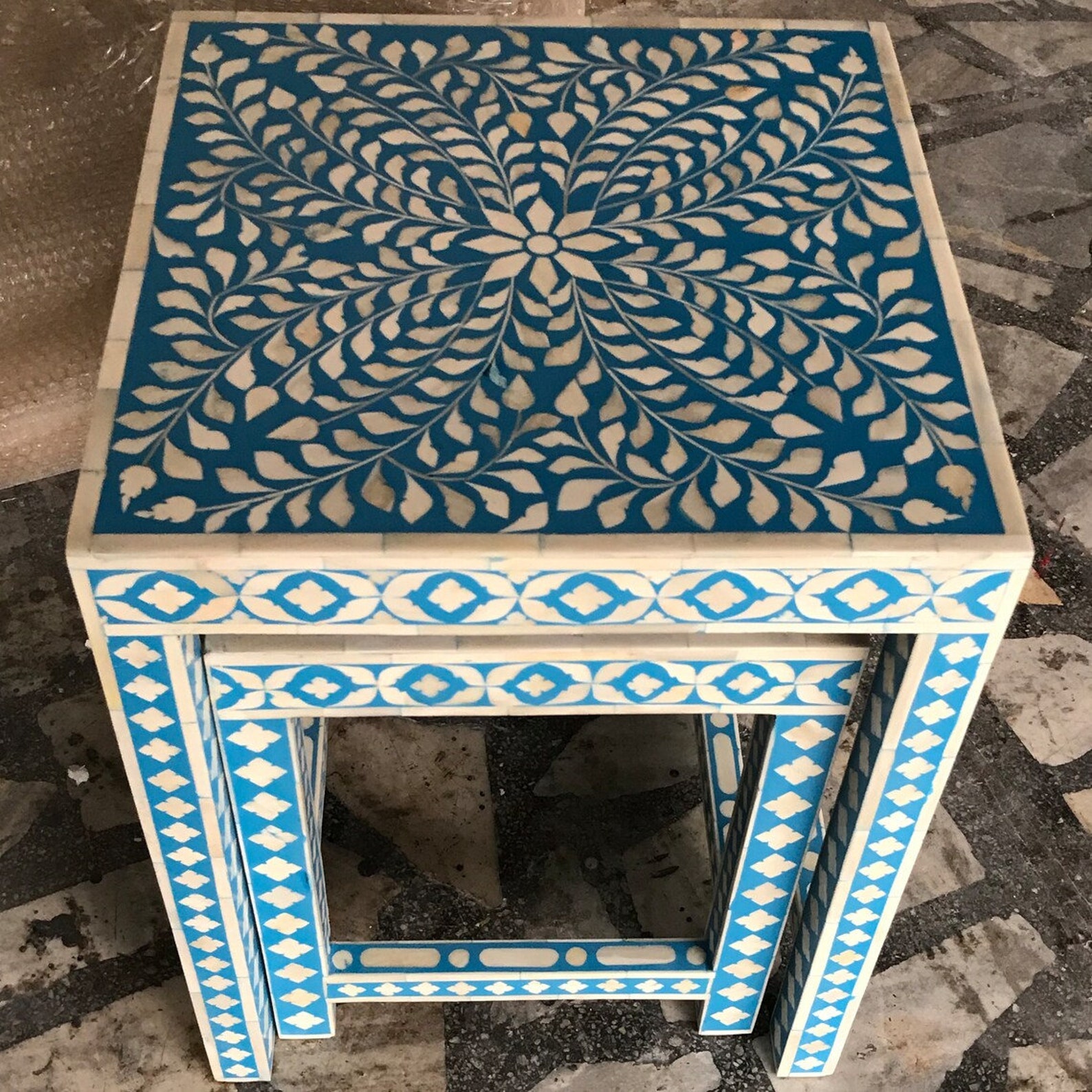 Bone Inlay Blue Nesting Table Set, Bone Inlay Coffee Table Set of 2 ...