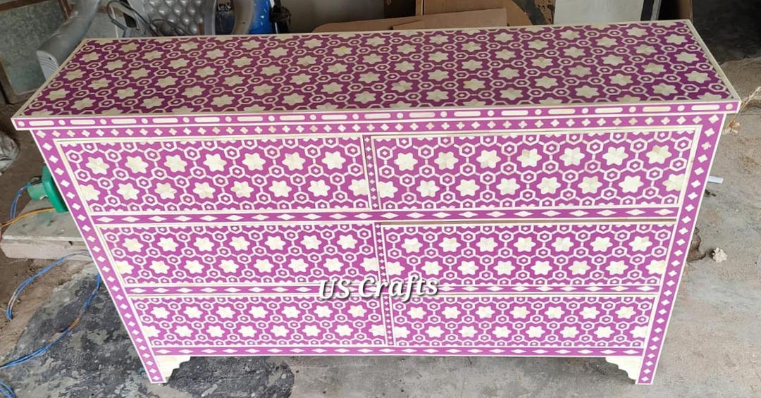Bone Inlay Star Design Chest of 6 Drawers Pink , Handmade Bone Inlay ...