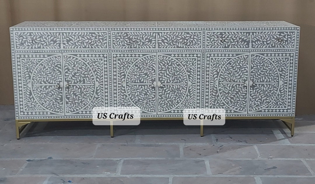 Bone Inlay 3 Drawers and 6 Doors Console Cabinet Floral Leaf in Grey ...