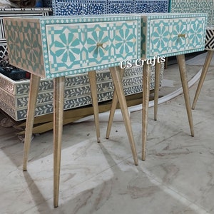 Bone Inlay Moroccan Design Bedside Table Slate Green Bone - Etsy