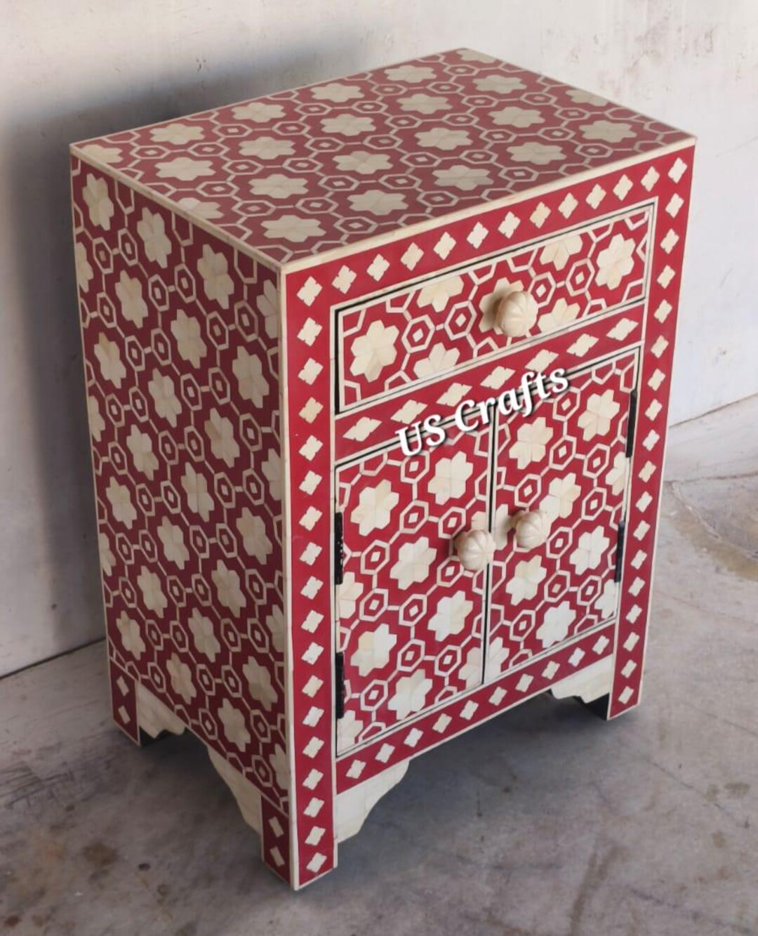 Bone Inlay Star Pattern Bedside Table , Bone Inlay Floral Design ...