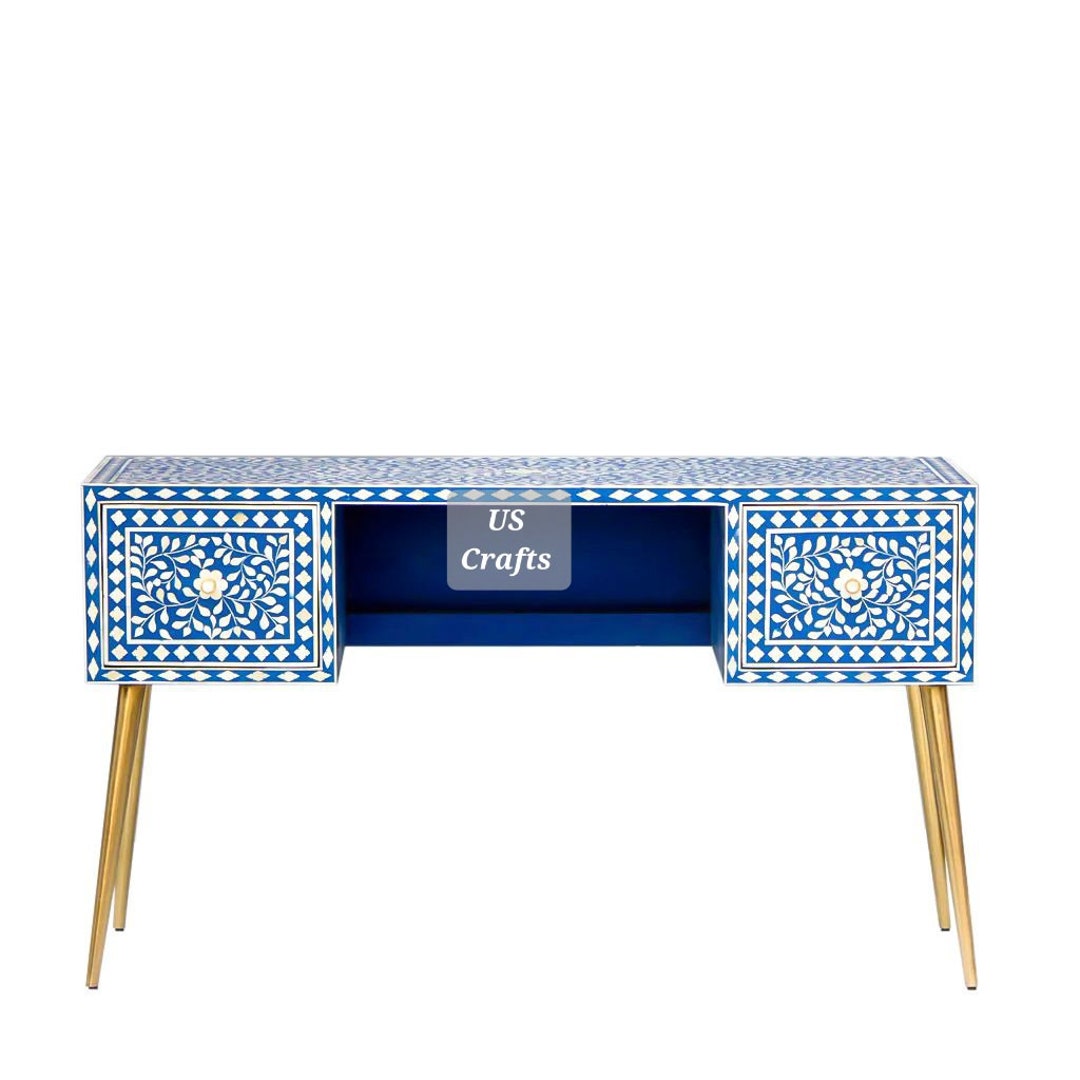 Handmade Bone Inlay Table/desk Floral Blue, Bone Inlay Work Table Blue ...