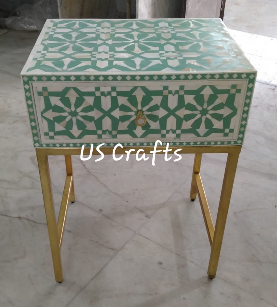 Bone Inlay Nightstand,bone Inlay Endtable,bone Inlay Green Bedside ...