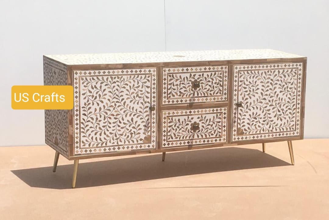 Wooden Inlay Media Console, Wooden Inlay Tv Entertainment Unit, Wood ...