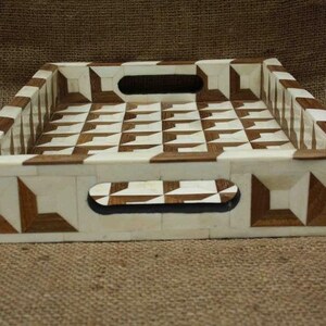 Wooden Inlay Tray, Wood Inlay Geometric Design Platter, Handmade Tray ...